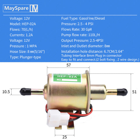 Electric Fuel Pump 12V PSI HEP-02A Low Pressure Fuel Pump-MaySpare